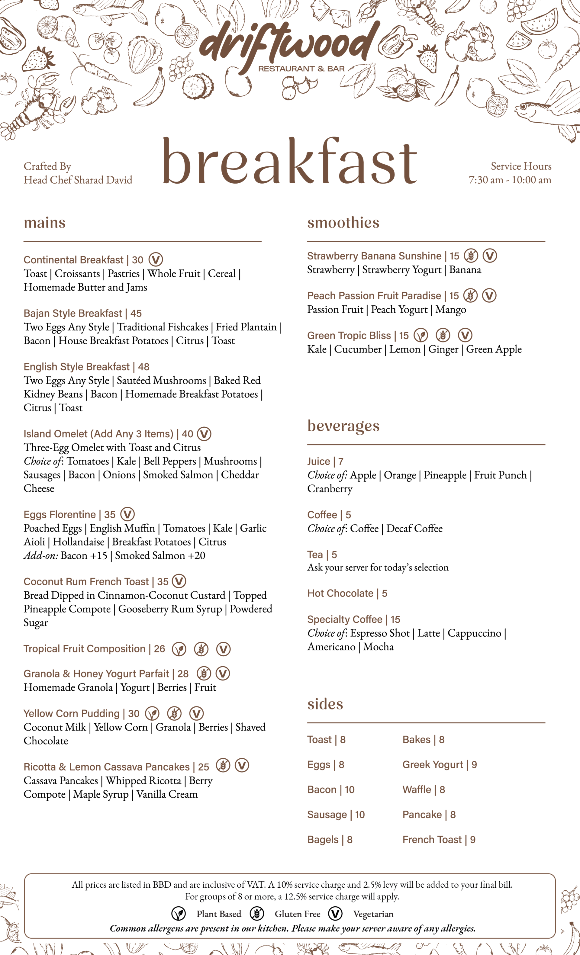 Driftwood Restaurant & Bar – Menu – South Point Hotel – Barbados
